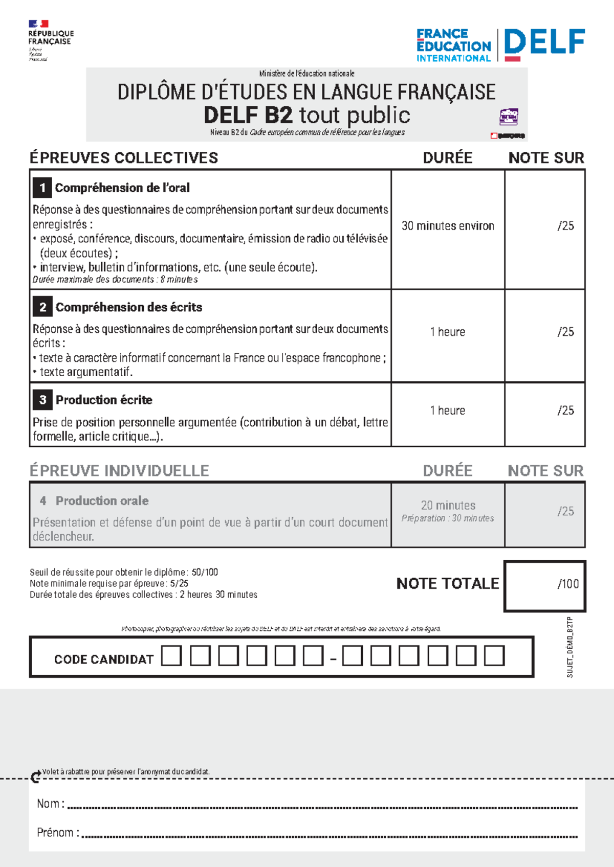 Delf b2 tp candidat coll exemple 2 - SUJET_DÉMO_B2TP Nom : Prénom ...