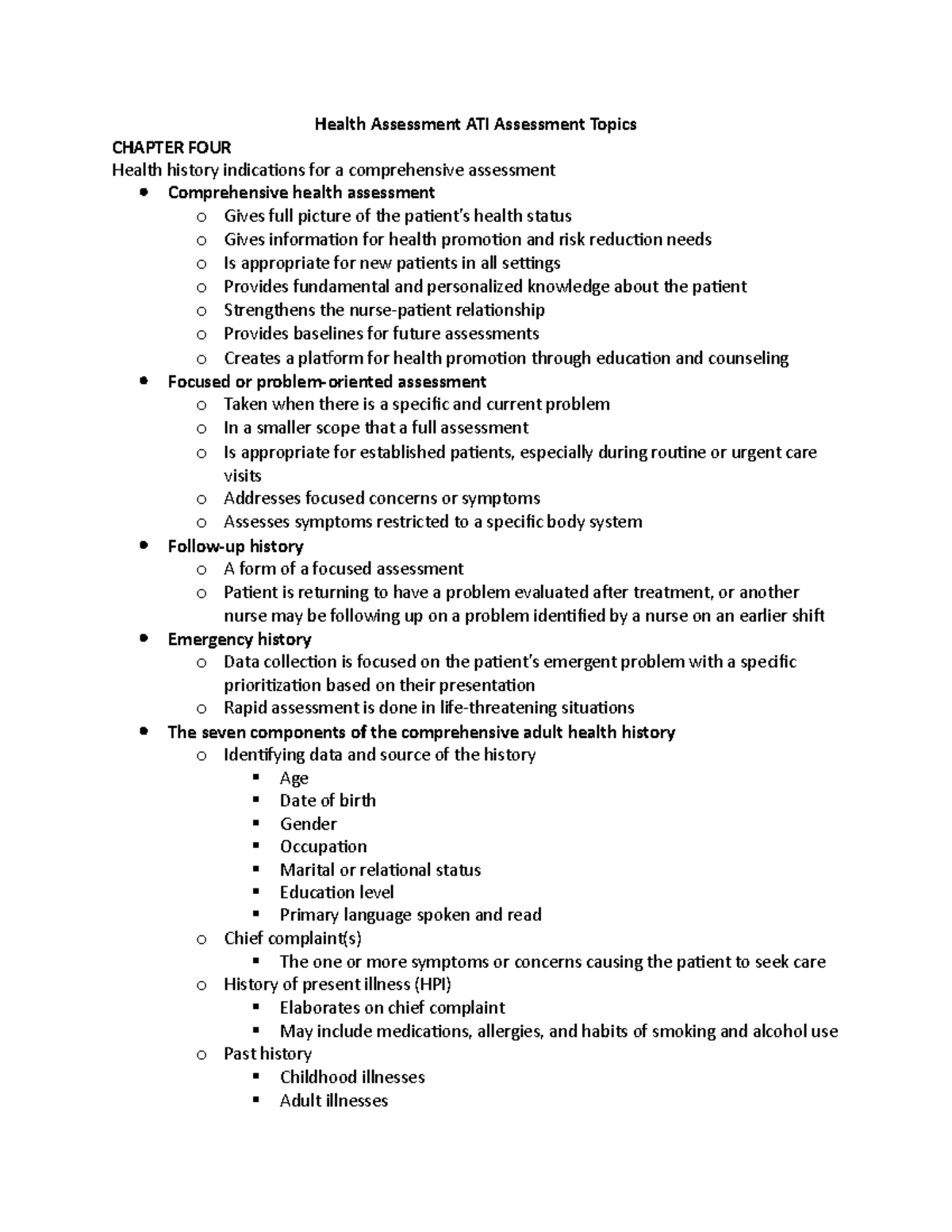 ATI Assessment Review 1 Health Assessment ATI Assessment Topics