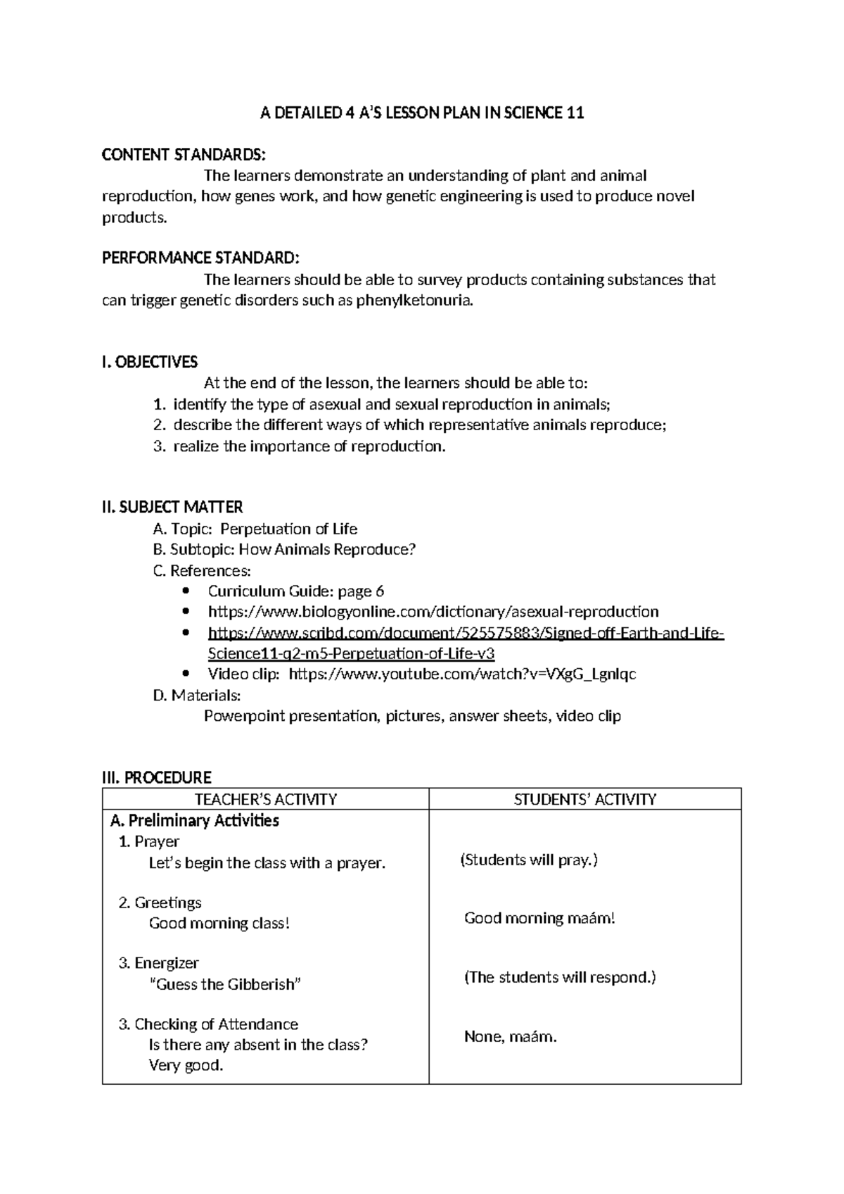 LP-Science-Q3-M3 - A DETAILED 4 A’S LESSON PLAN IN SCIENCE 11 CONTENT ...
