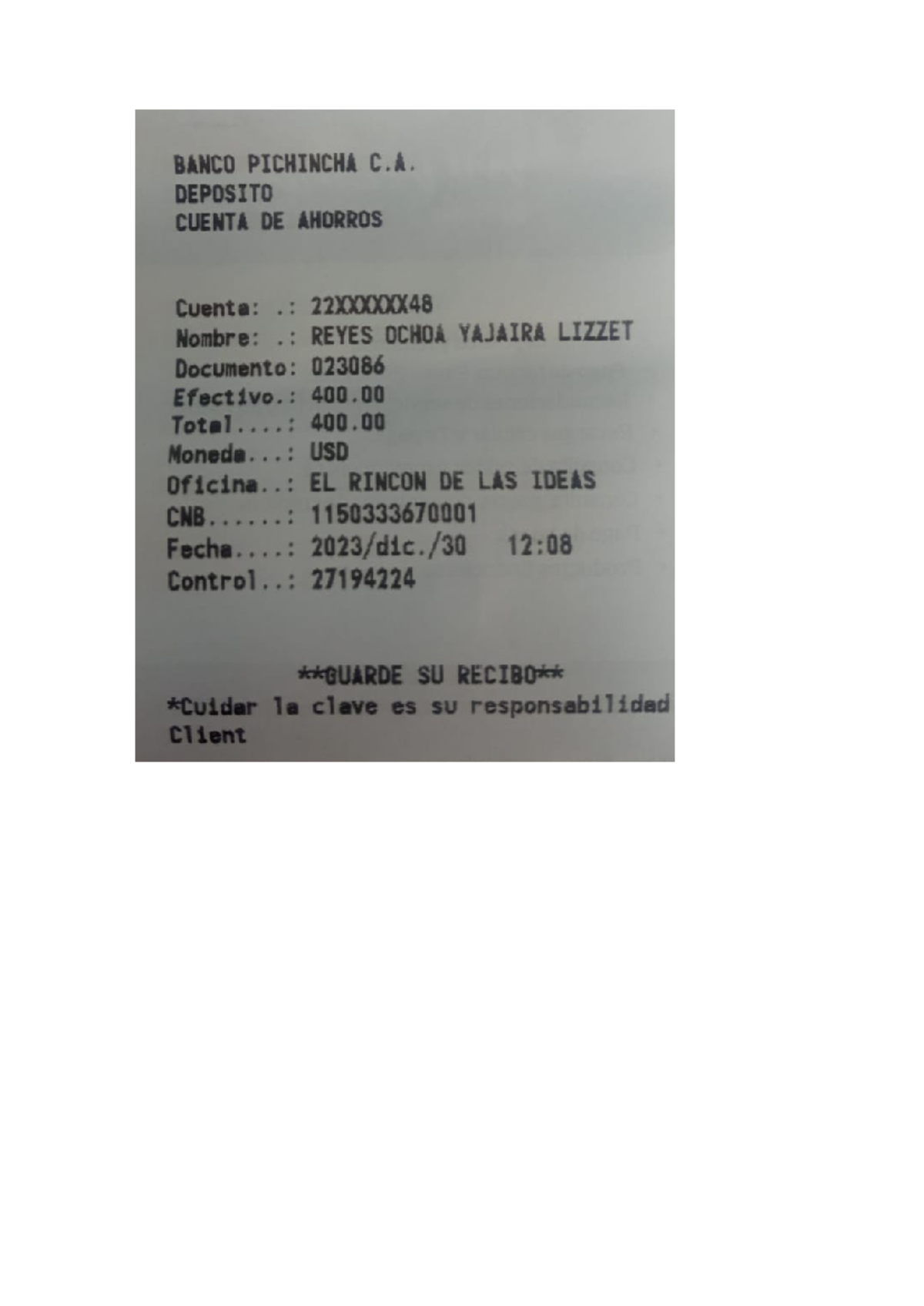 Recibo Pendiente - ñas mattematicas - BANCO PICHINCHA C. DEPOSITO ...