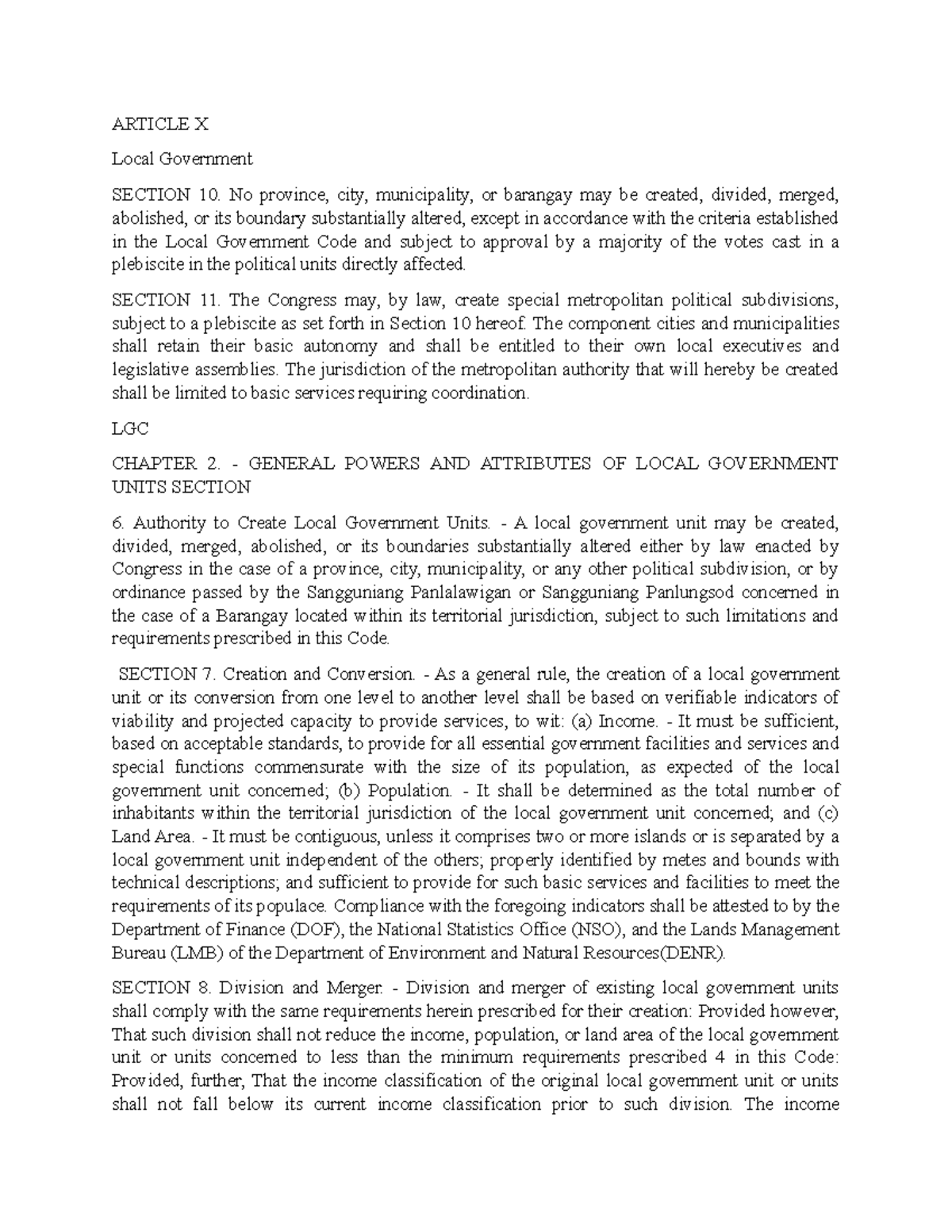 Article X - Case - ARTICLE X Local Government SECTION 10. No province ...