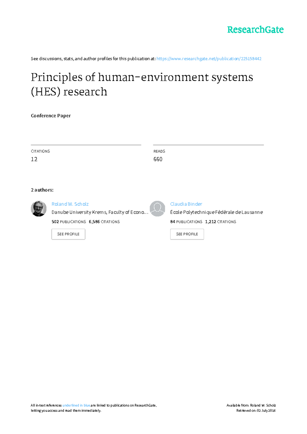 Principles of human-environment systems HES resear - See discussions ...