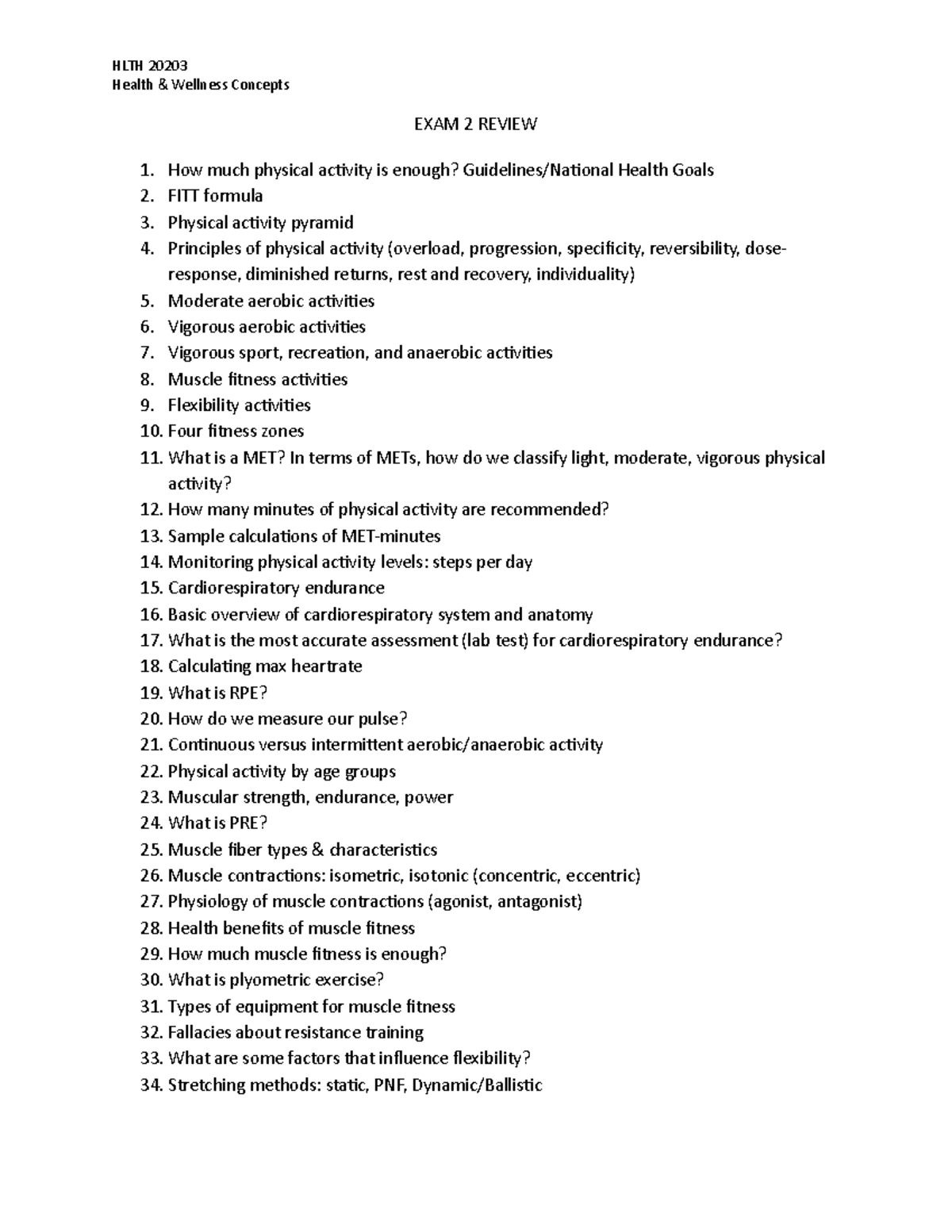 Exam 2 Review - helps - HLTH 20203 Health & Wellness Concepts EXAM 2 ...