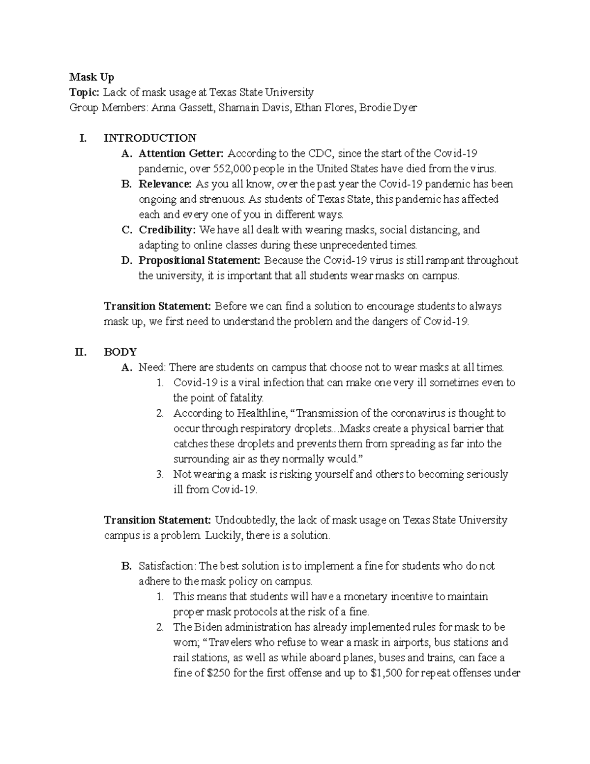 Comm. Presentation Outline - Mask Up Topic: Lack of mask usage at Texas ...