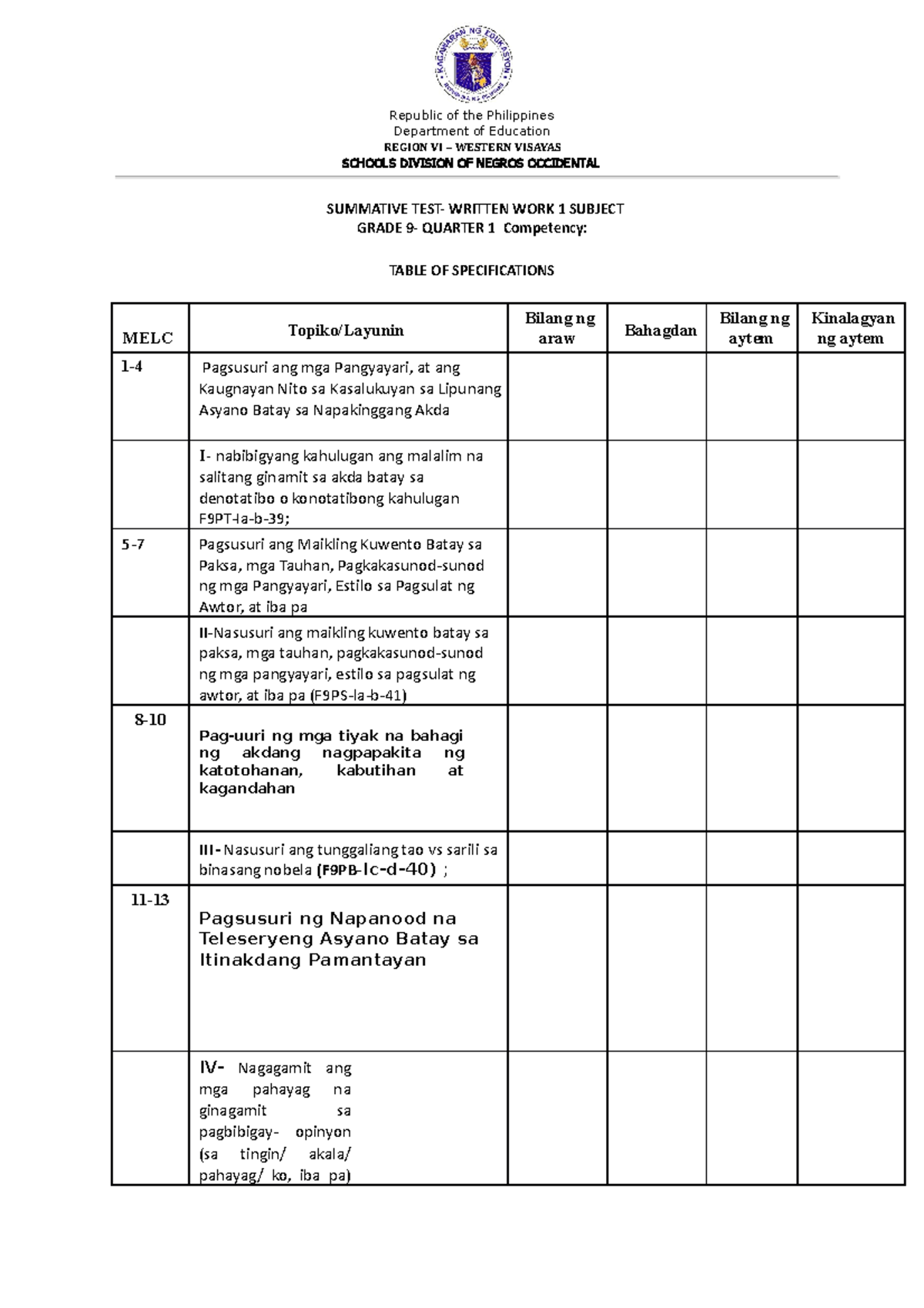 TOS FIL 9 - tos first quarter FIlipino - Republic of the Philippines ...
