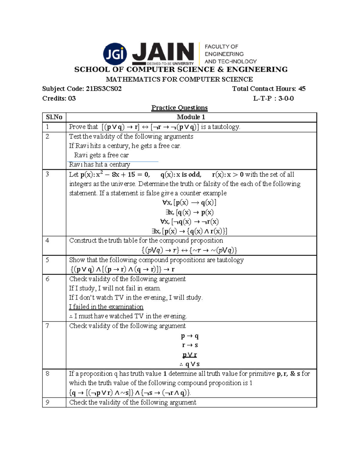 MFCS Practise questions - MATHEMATICS FOR COMPUTER SCIENCE Subject Code ...