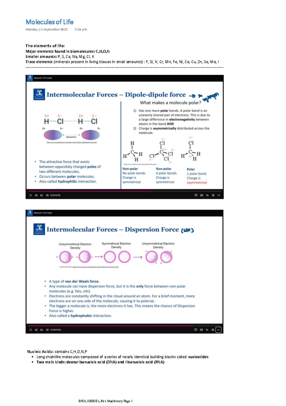Molecules of Life - notes from lecture - The elements of life: Major ...