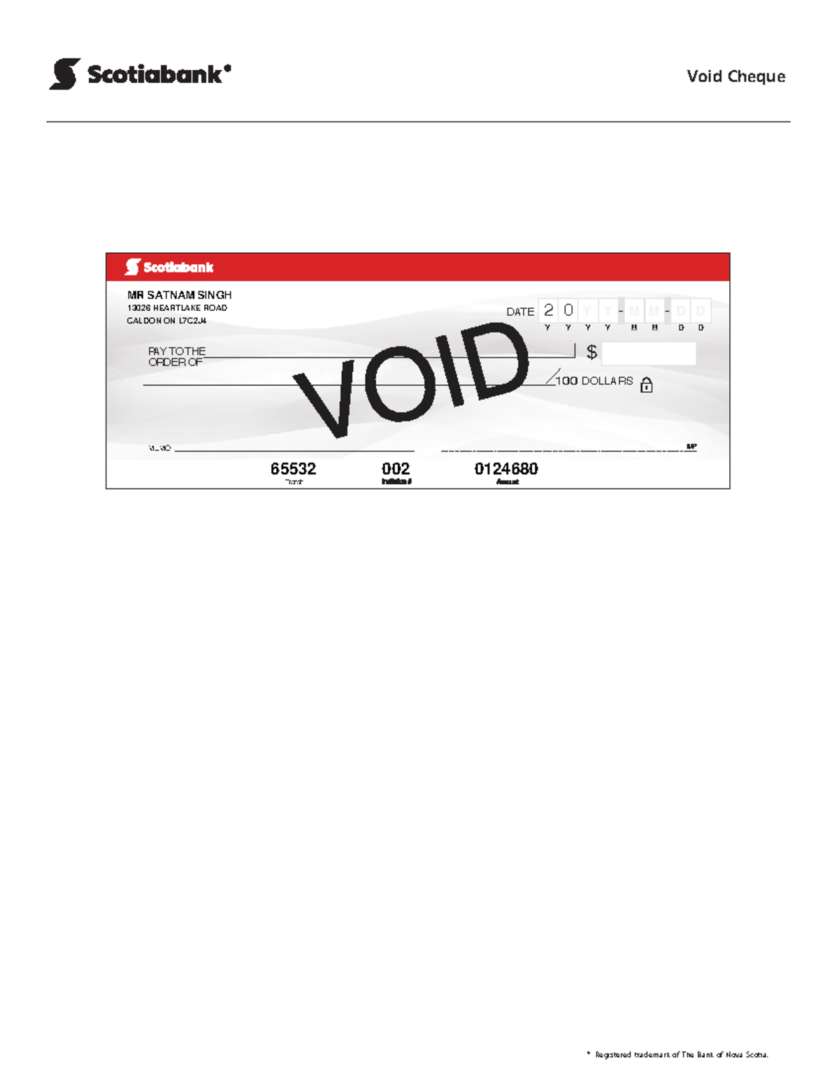 Void Cheque - The Bank of Nova Scotia - Void Cheque ® Registered ...