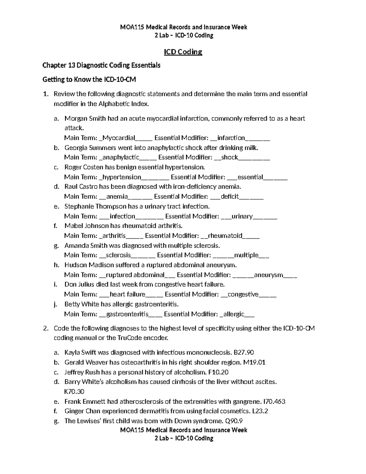 Larissa Creed Week 2 Lab - MOA115 Medical Records and Insurance Week 2 Lab – ICD-10 Coding ICD ...