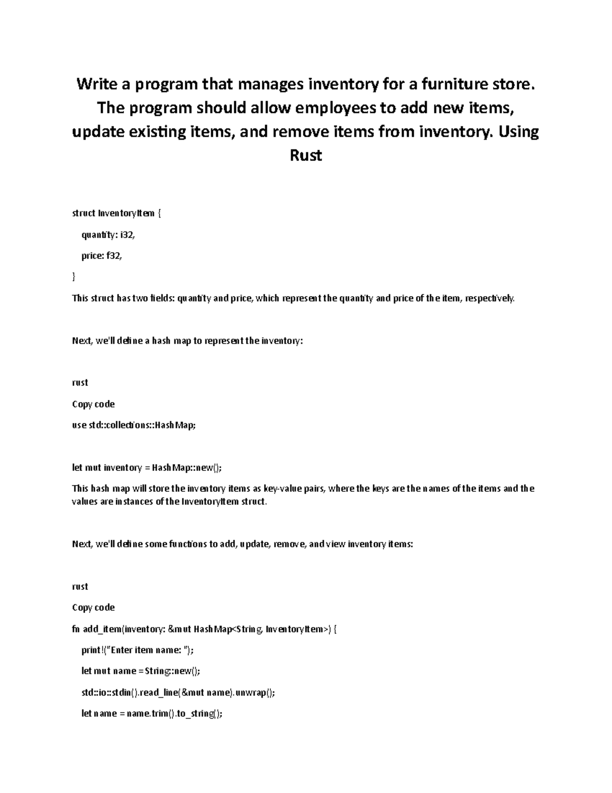 Using Rust - Write a program that manages inventory for a furniture ...
