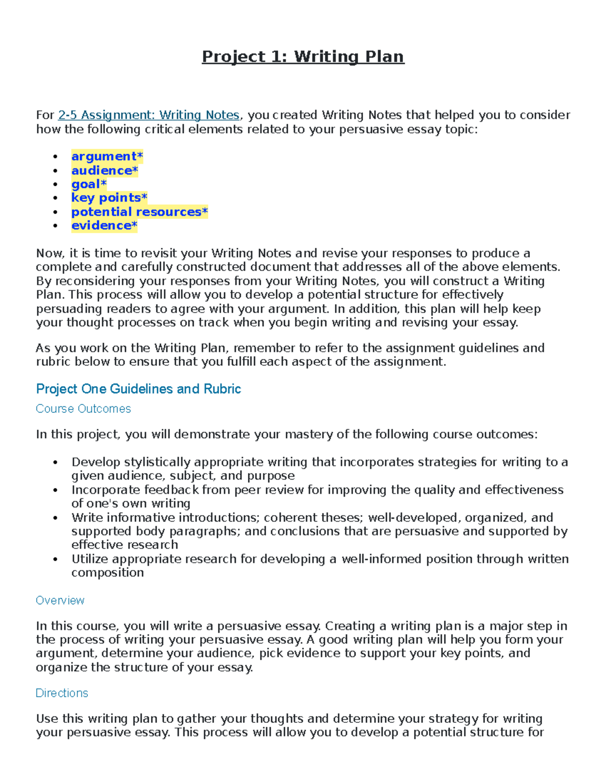 Project 1 Writing Plan - In preparation for future essay work ...