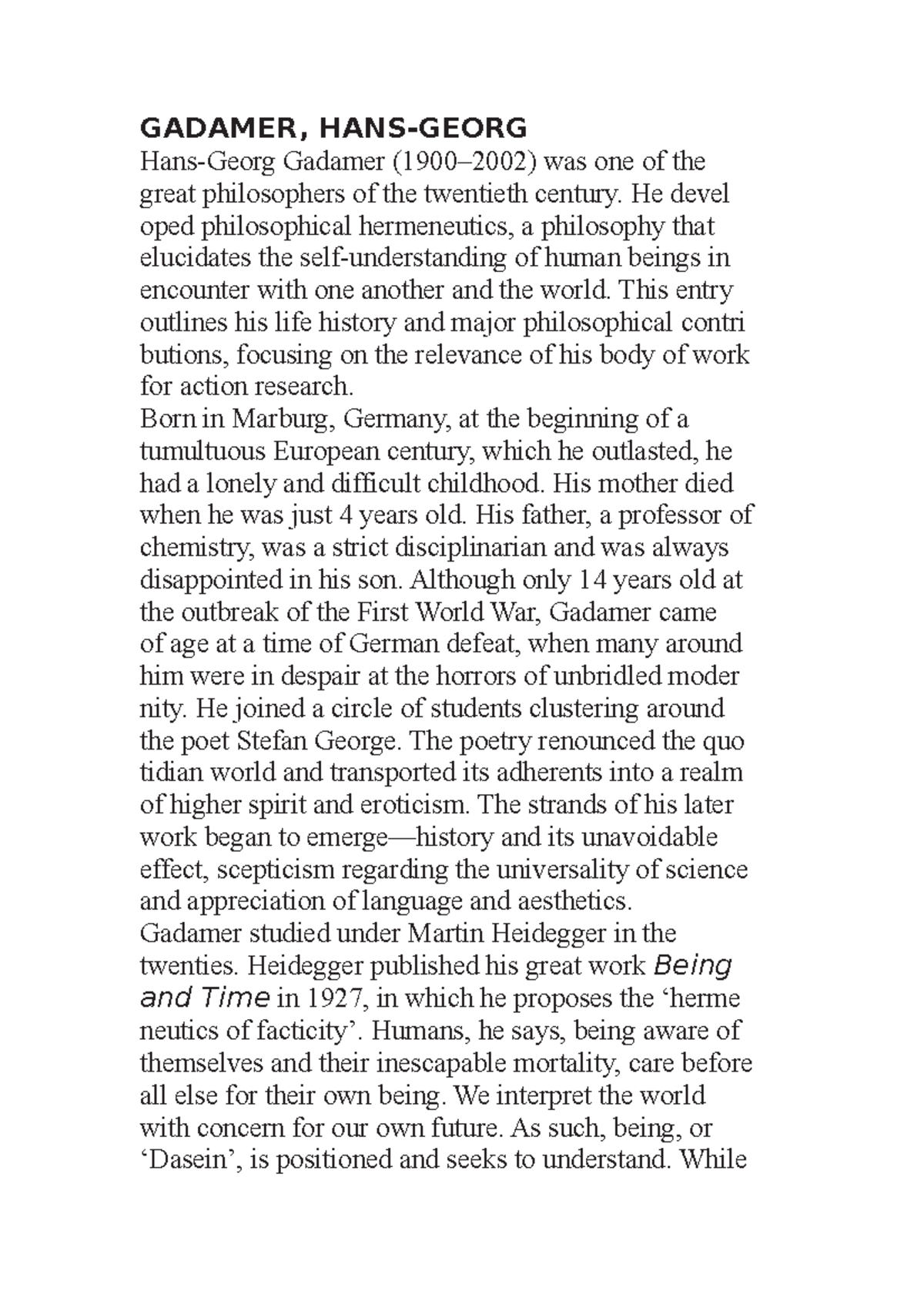 Gadamer, HANS- Georg - GADAMER, HANS-GEORG Hans-Georg Gadamer (1900 ...