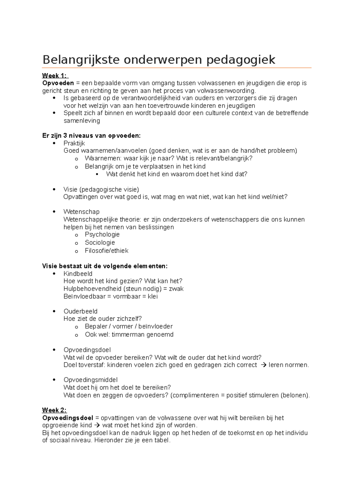 Belangrijkste punten - Samenvatting Pedagogiek - Belangrijkste onderwerpen pedagogiek Week 1 ...