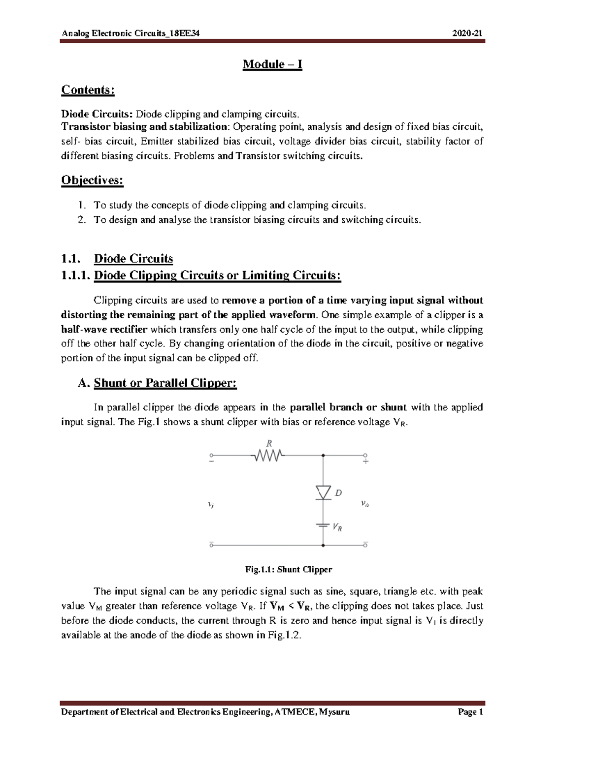 AEC Mod1 - Module – I Contents: Diode Circuits: Diode clipping and clamping circuits. Transistor ...