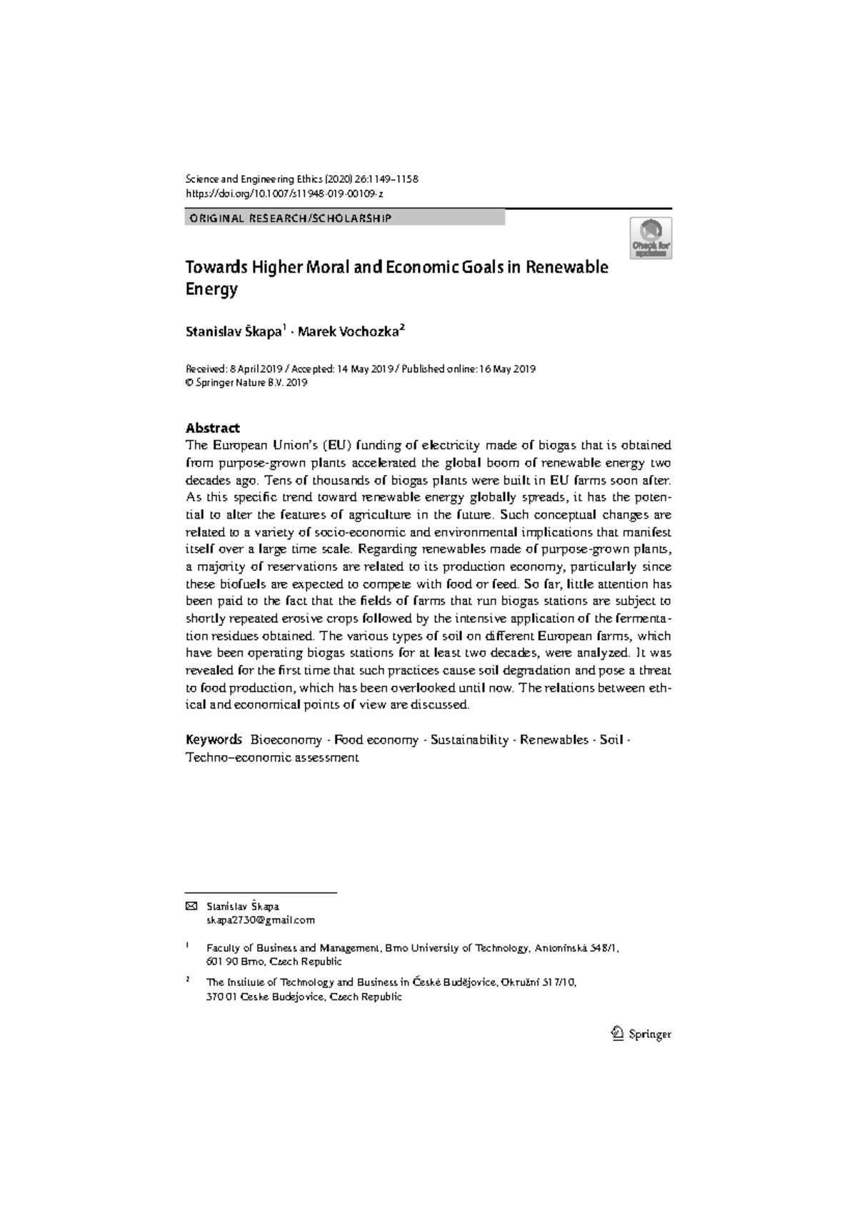 Skapa Towards Higher Moral and Economic Goals in Renewable Energy - Vol ...