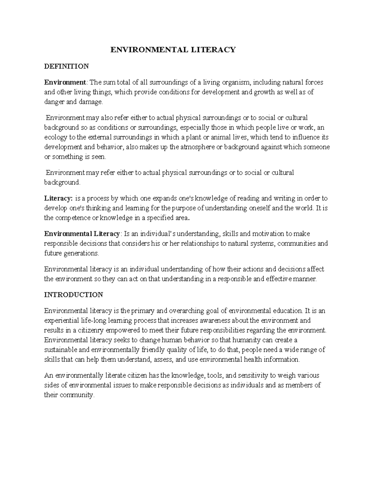 Environmental Literacy Edited - ENVIRONMENTAL LITERACY DEFINITION ...