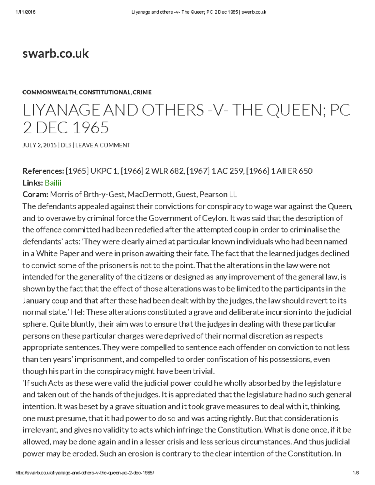 1-Liyanage and others -v- The Queen; PC 2 Dec 1965 swarb - 1/11/2016 ...