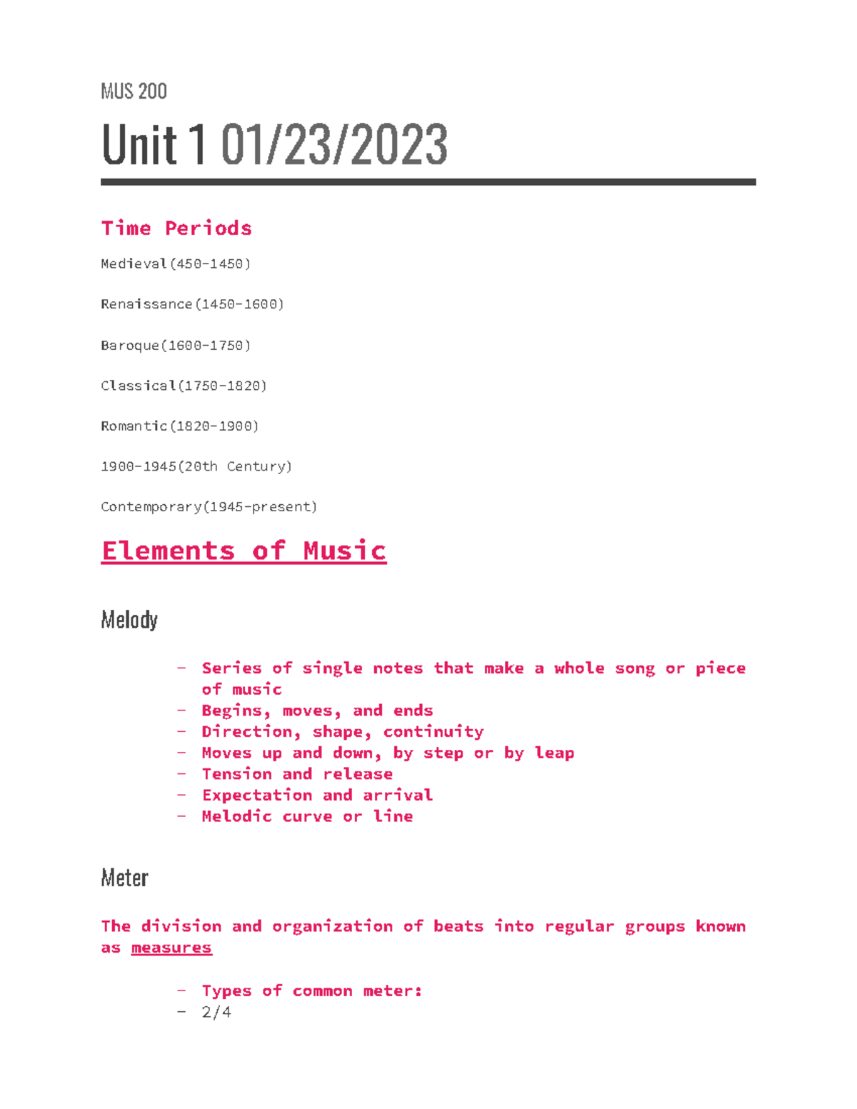 MUS 200 Chapter 1 - MUS 200 Unit 1 01 /23/ Time Periods Medieval(450 ...