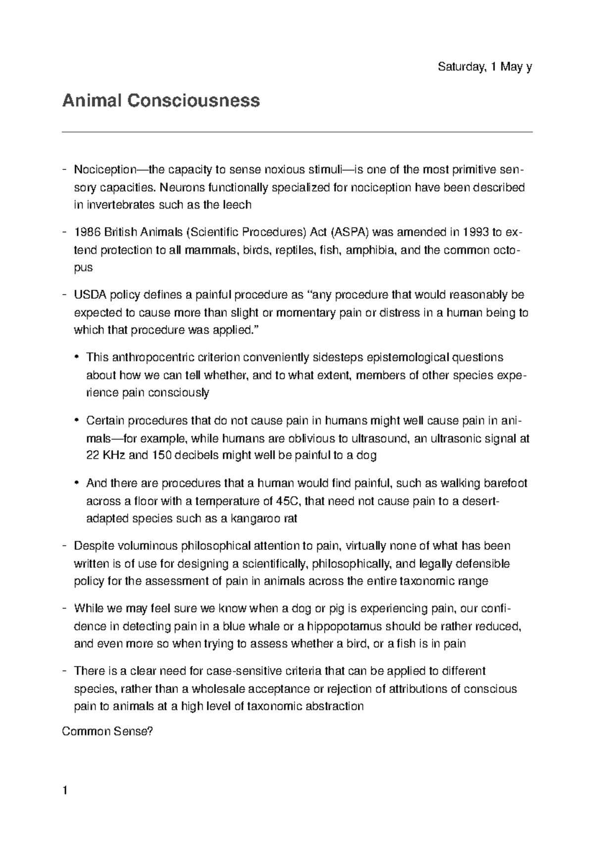 Animal Consciousness Allen and Caruthers - Thursday, 11 April y Animal ...