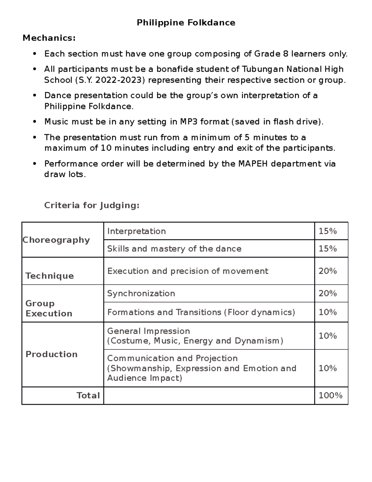 Mechanics - Philippine Folkdance Mechanics: Each section must have one ...