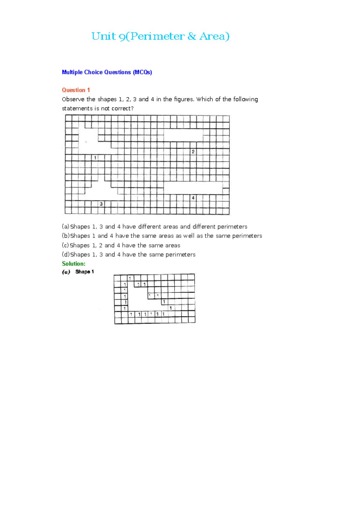 Ch9 perimeter and area - Unit 9(Perimeter & Area) Multiple Choice ...