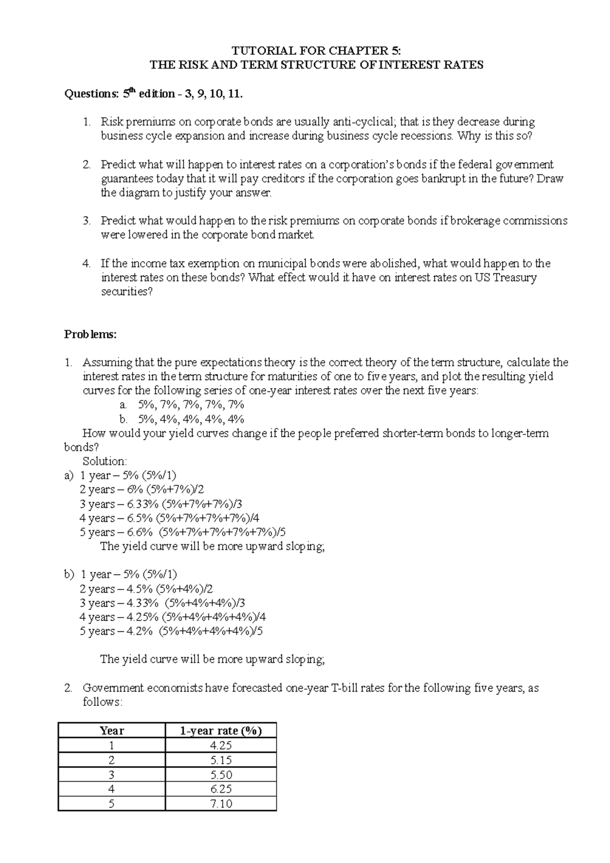 Tutorial chapter 5 solution - TUTORIAL FOR CHAPTER 5: THE RISK AND TERM ...