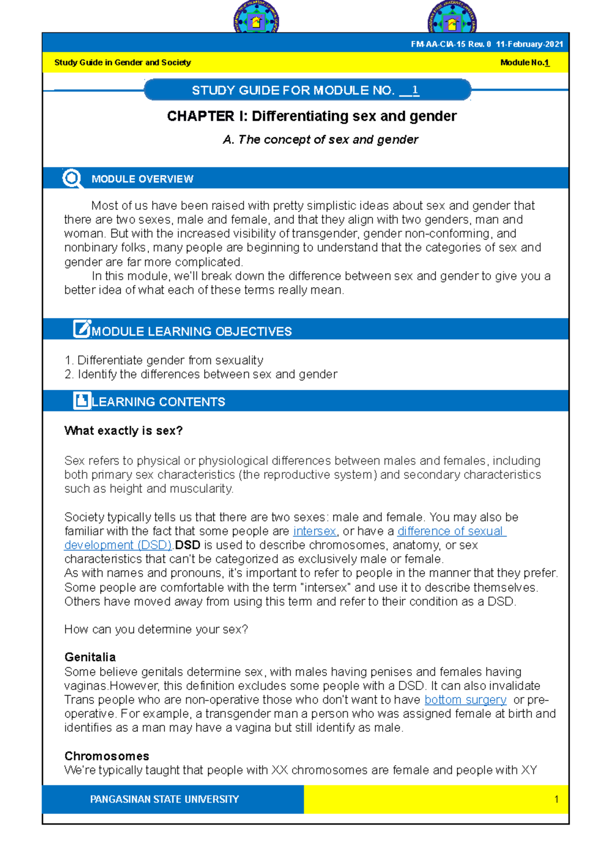 (1) Sex and Gender - 1 CHAPTER I: Differentiating sex and gender A. The ...