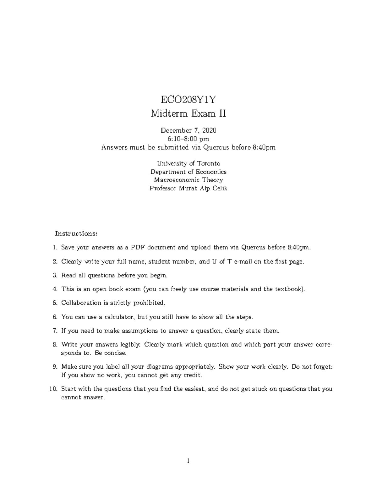 Mid2 Sample 2020 - midterm - ECO208Y1Y Midterm Exam II December 7, 2020 6:10–8:00 pm Answers ...