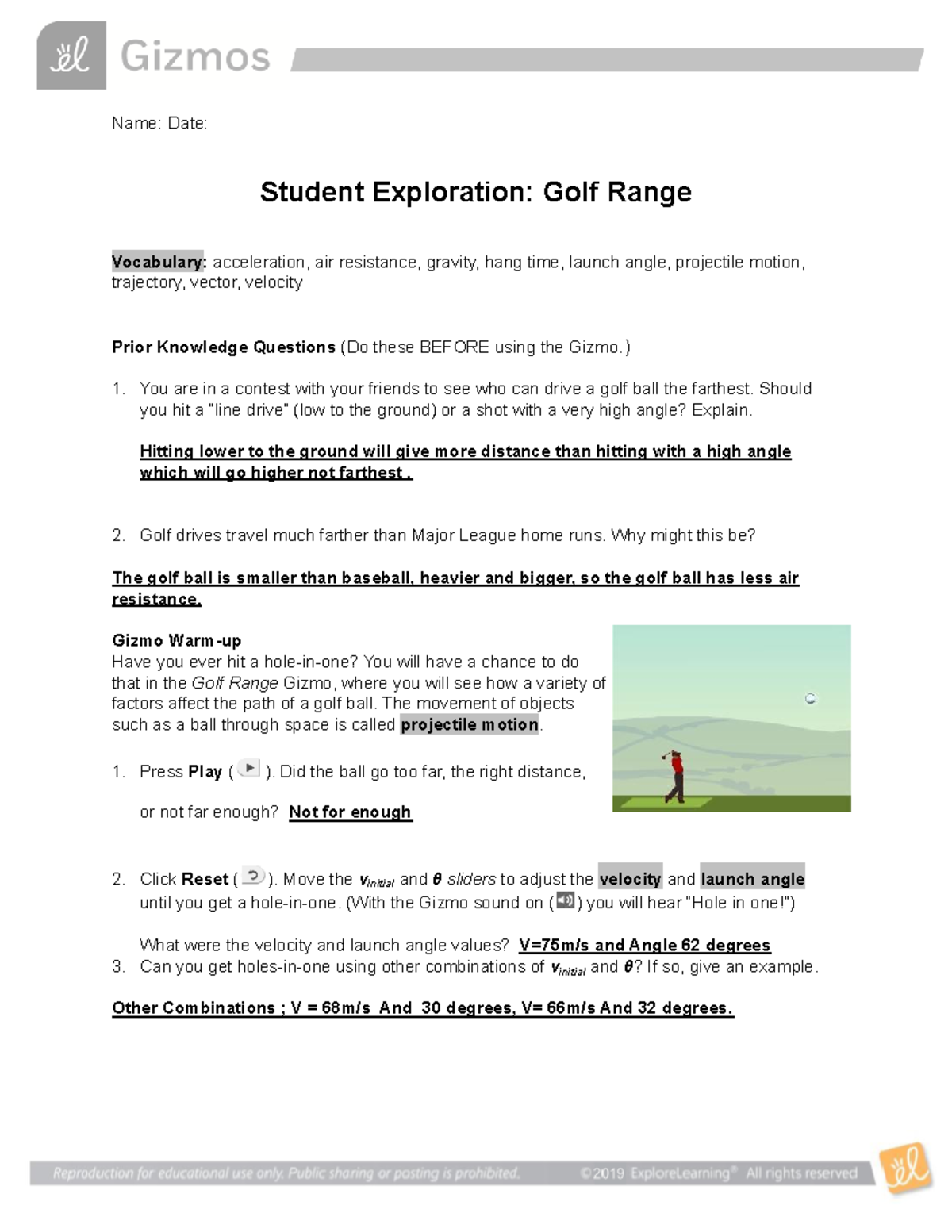 Golf Range SE - Student exploration gold simulation answers : you are ...
