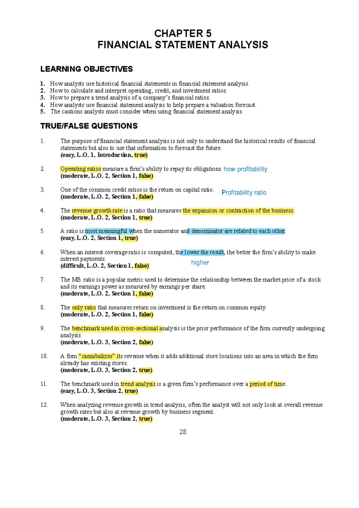 C4 Tb Finman 02 Testbank Chapter 5 Financial Statement Analysis Learning Objectives How