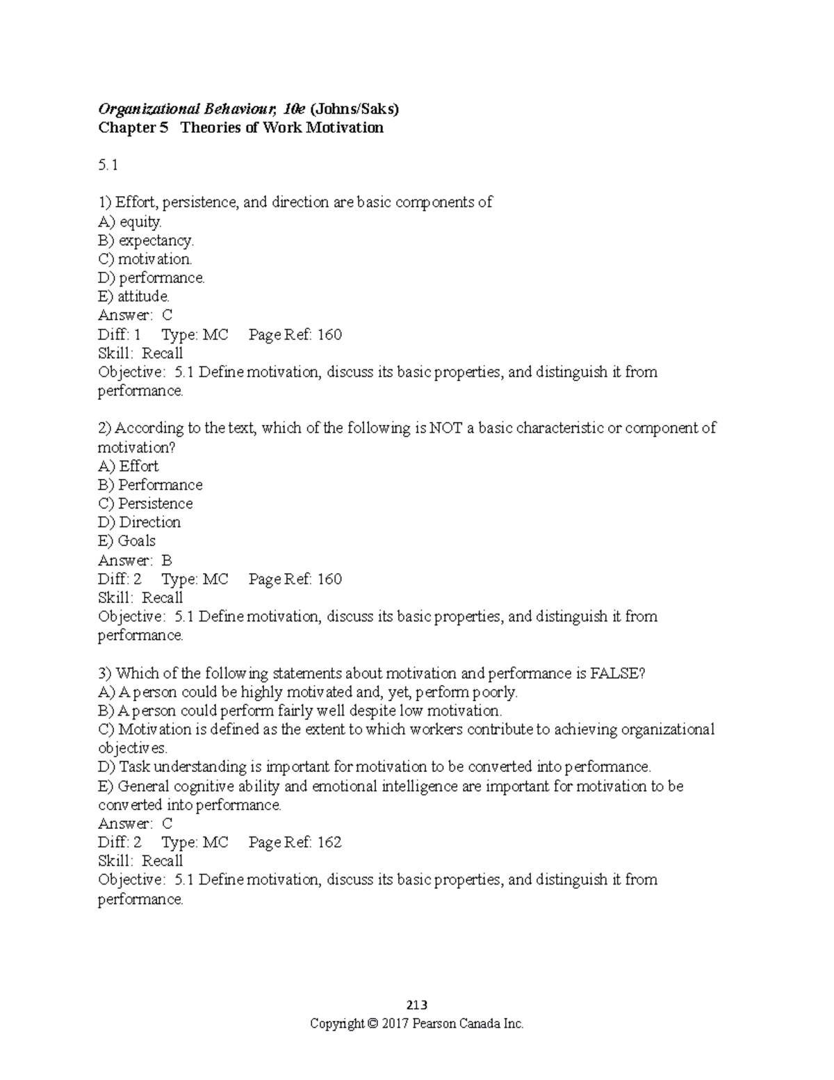 Johns 10e tif ch05 - bank - Organizational Behaviour, 10e (Johns/Saks) Chapter 5 Theories of ...