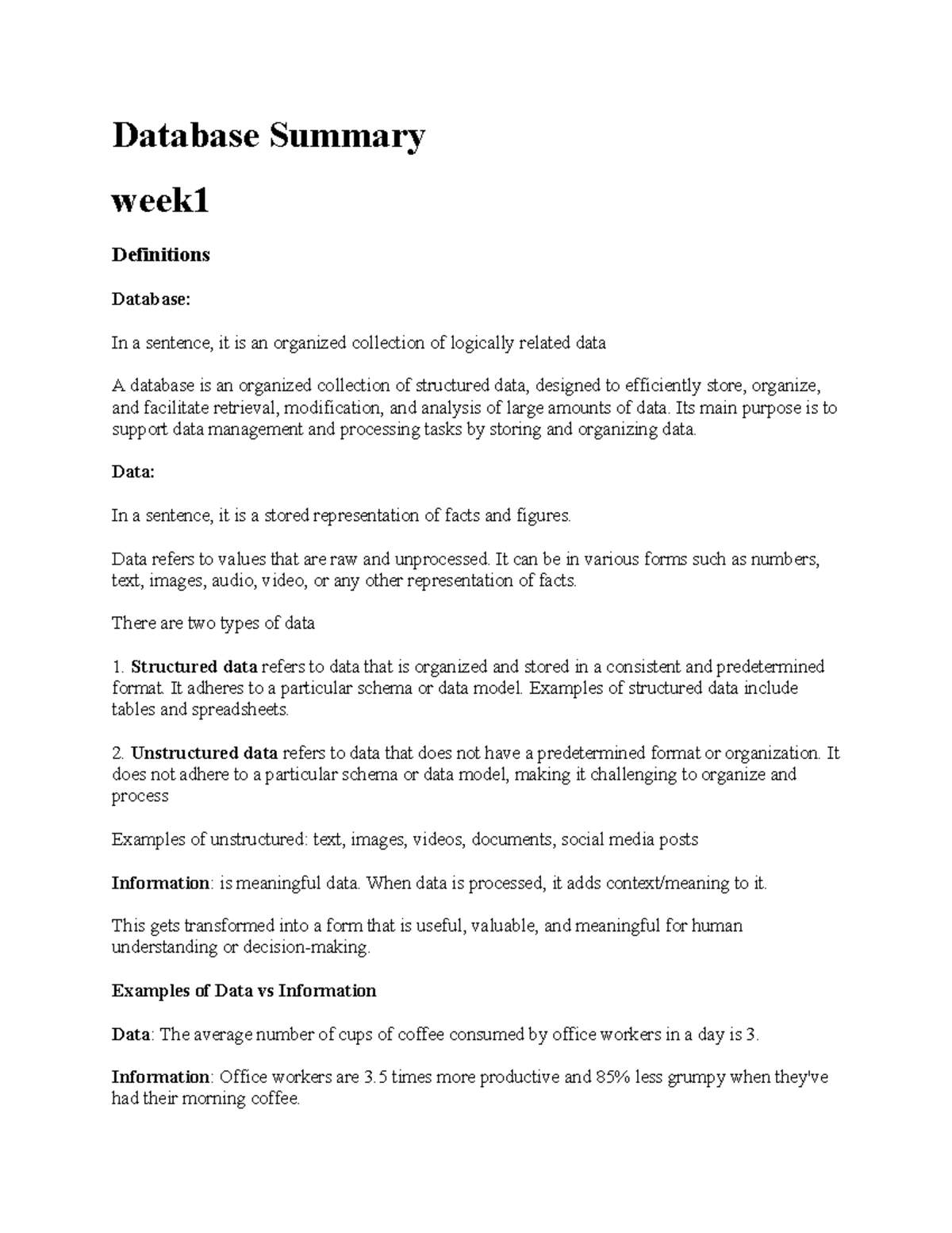 Database Summary - Database Summary week Definitions Database: In a ...