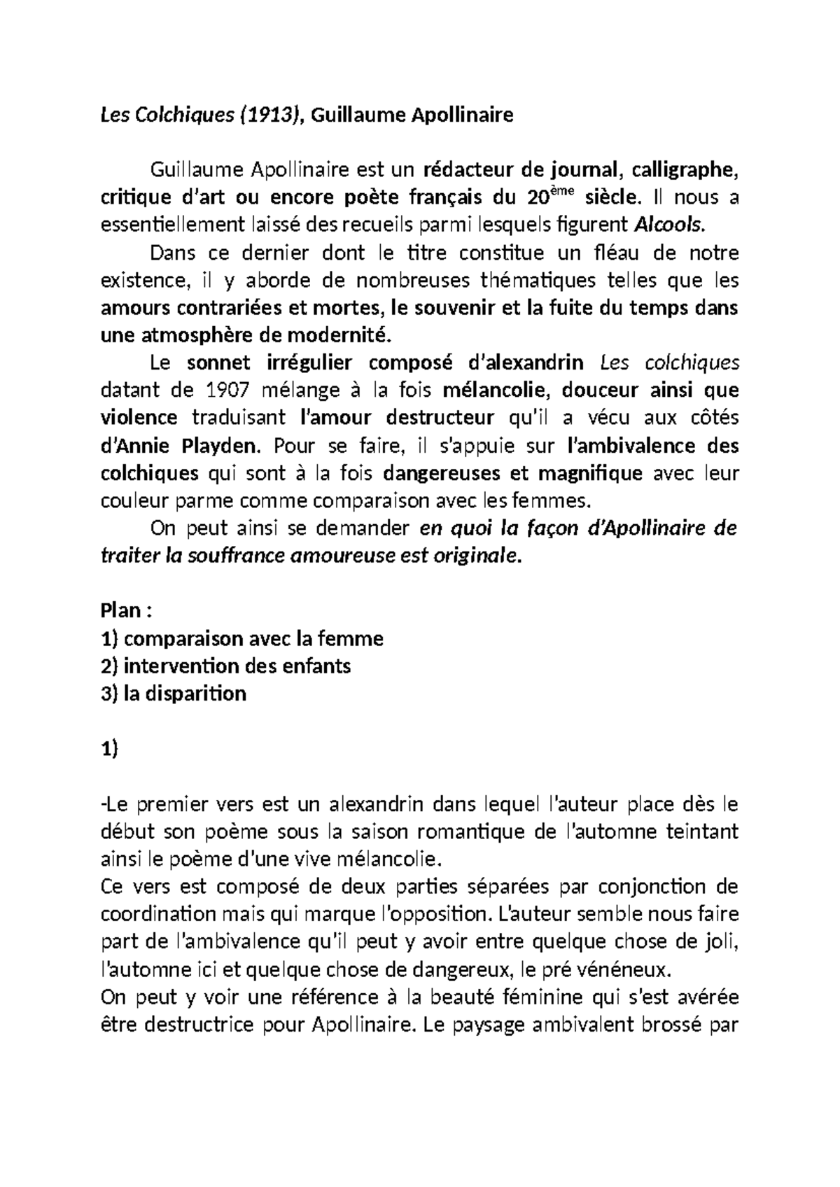 Les Colchiques - fiche pour l'oral de français - Les Colchiques (1913 ...