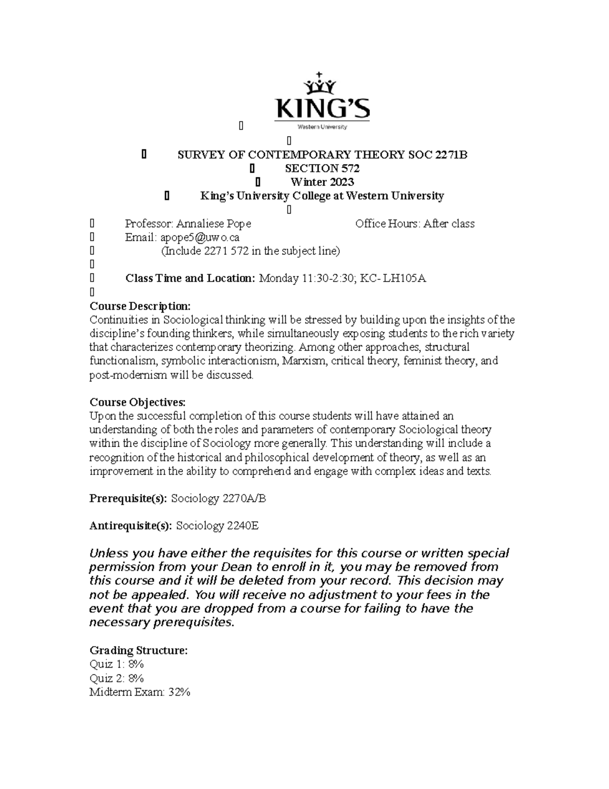 2271 2023 Syllabus - SURVEY OF CONTEMPORARY THEORY SOC 2271B SECTION ...