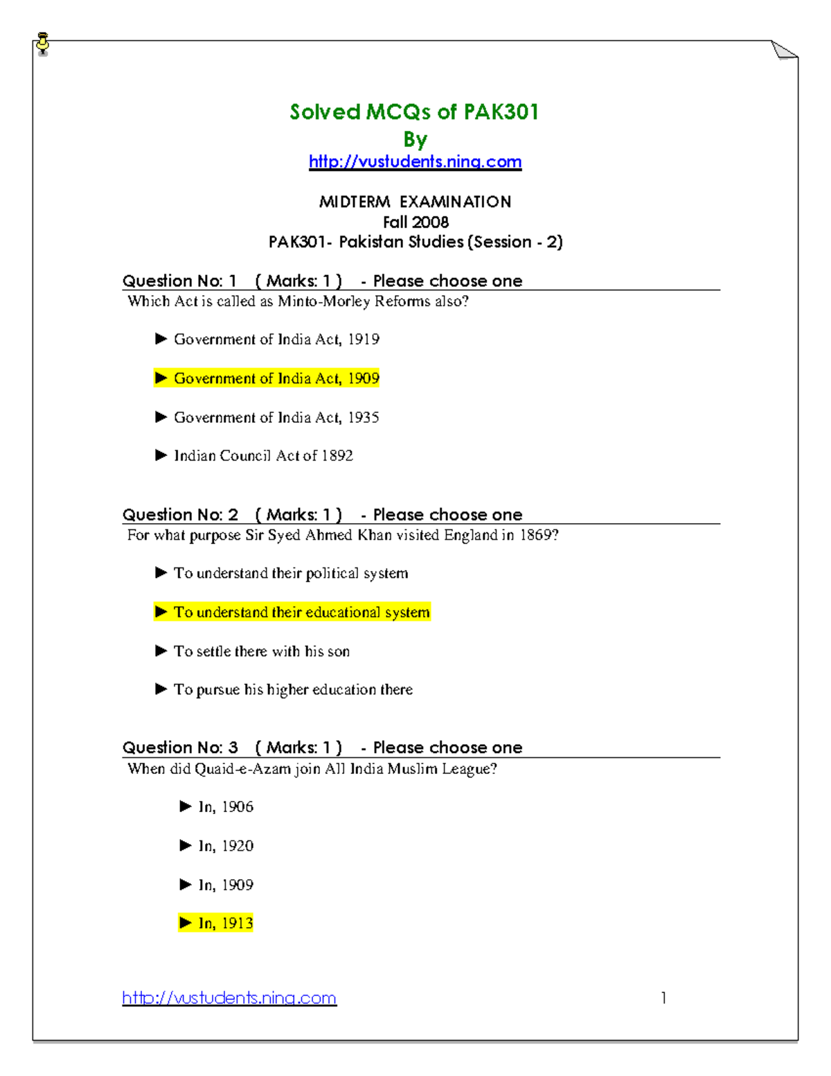 PAK301Solved MCQs - Pak301 - Solved MCQs of PAK By vustudents.ning MIDTERM EXAMINATION Fall 2008 ...