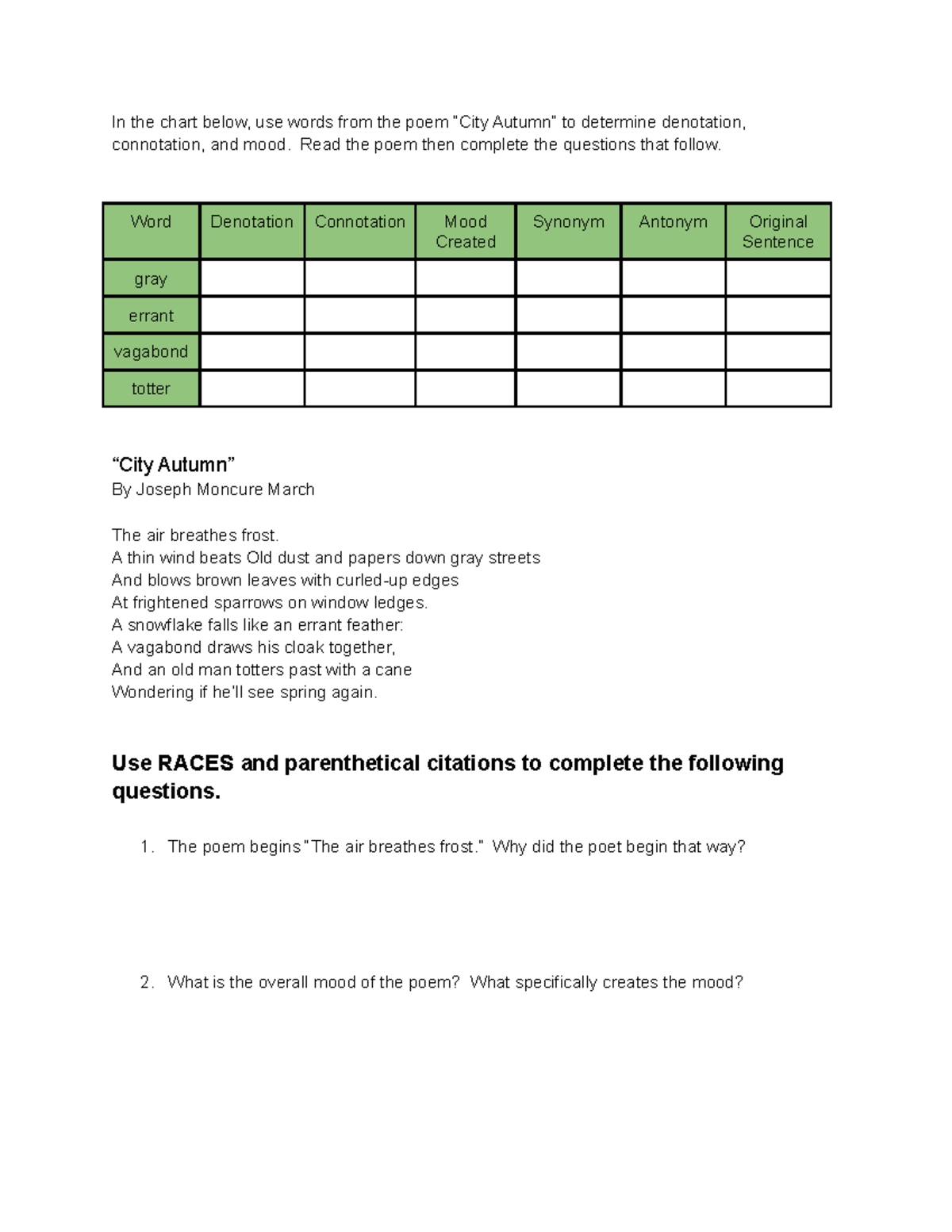 Connotation & Denotation Practice - In the chart below, use words from ...