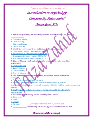 PSY101 Final Term Past Papers Mega File - PSY 101 Final Term Page 1 of 28 ____________ Memory is ...