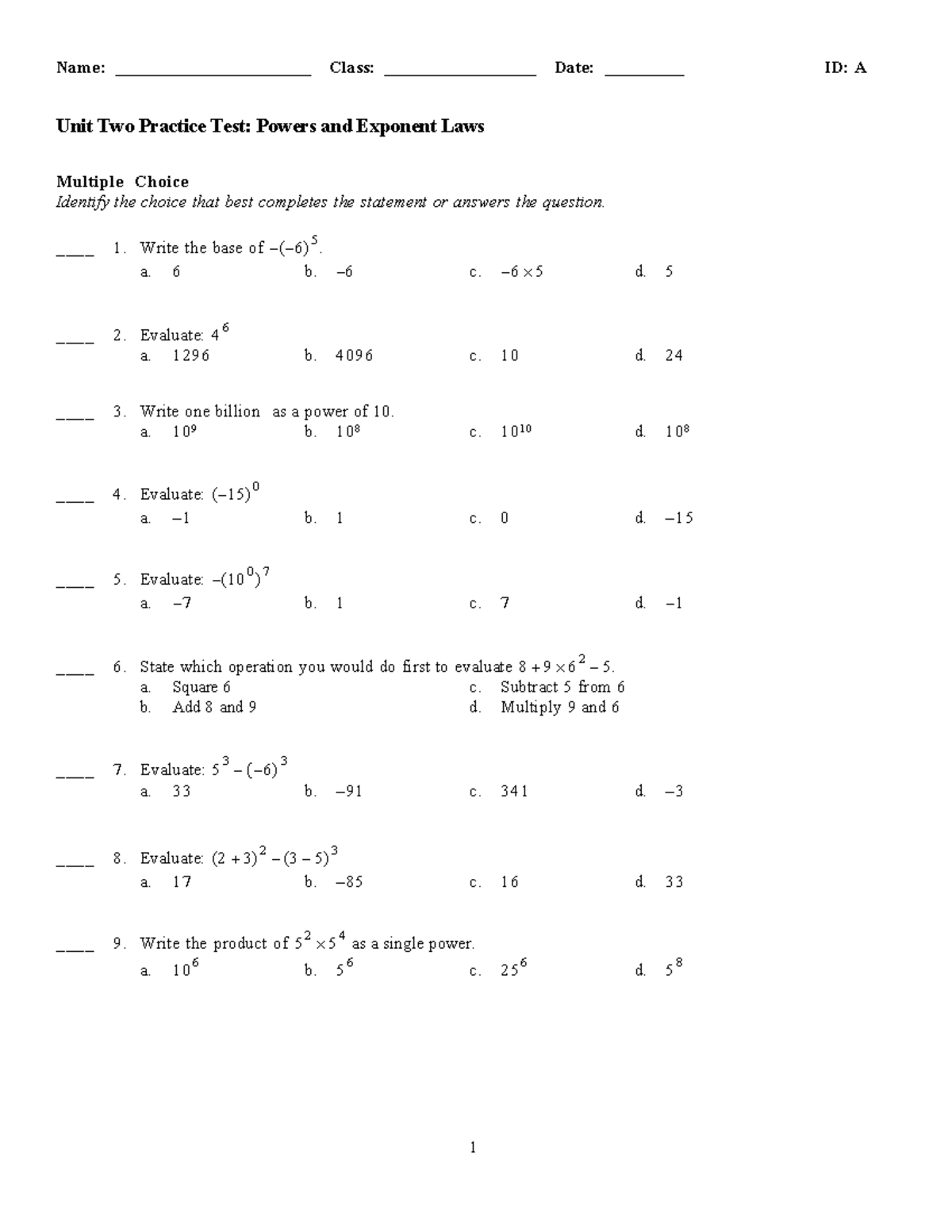Math 9 Chapter 2 Practice Test - Name: ______________________ Class ...