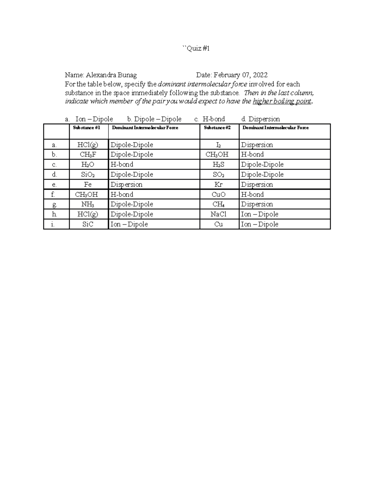 Quiz 1 dominant intermolecular force involved for each substance ...