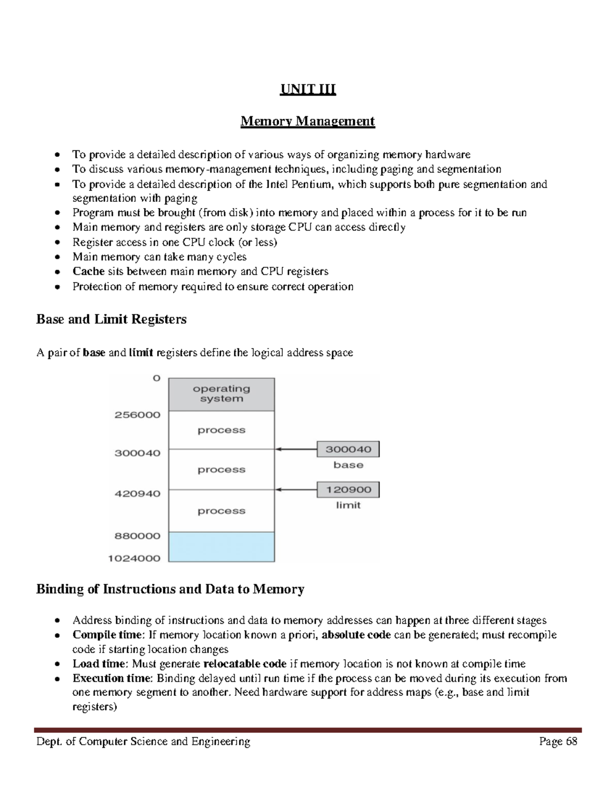 Operating Systems - UNIT-3 - UNIT III Memory Management To provide a ...