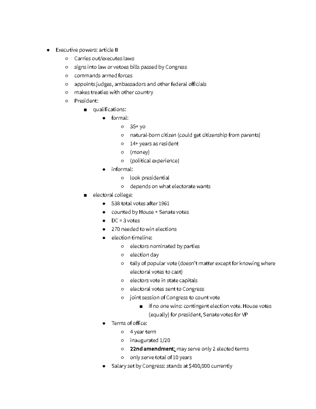 US Gov Notes Unit 3 (2 of 5) - Executive powers: article II Carries out ...