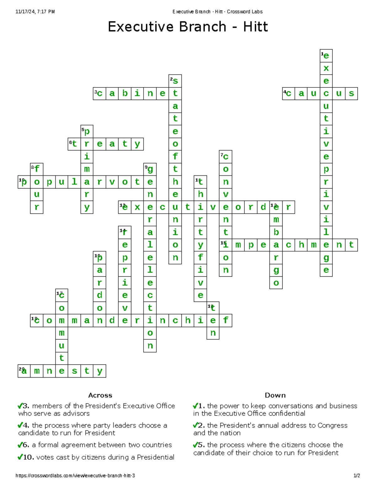 Executive Branch Crossword - 11/17/24, 7:17 PM Executive Branch - Hitt ...