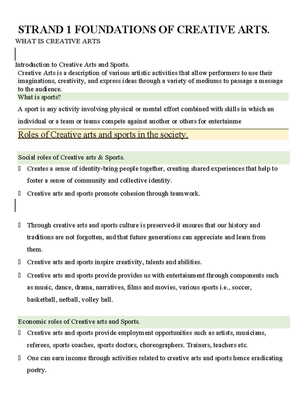 Grade 8 Creative ARTS & Sports Notes - STRAND 1 FOUNDATIONS OF CREATIVE ...