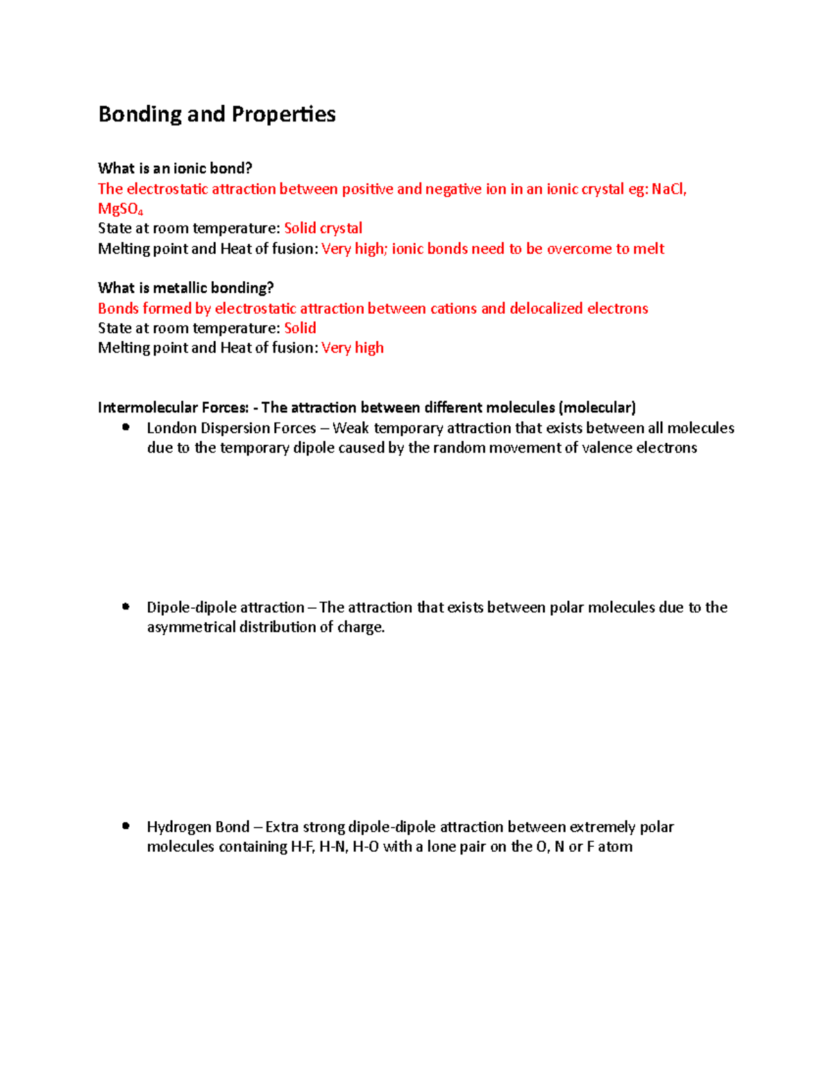 IMF and Heat Study Guide - Bonding and Properties What is an ionic bond ...