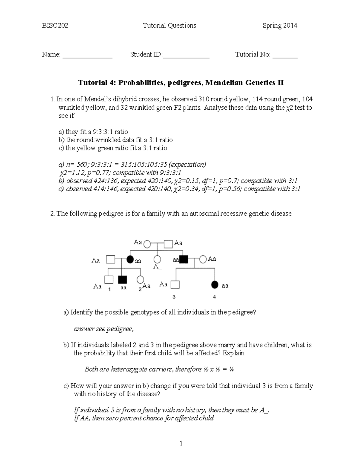 Quiz 4 2014, questions and answers - BISC202 Tutorial Questions Name ...