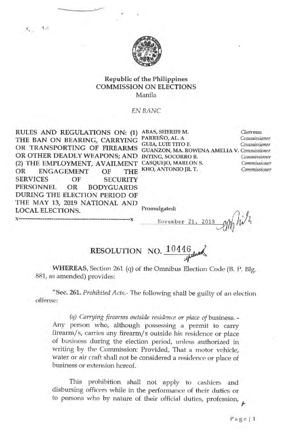 Comelec resolution 10446 GUN BAN - Constitutional Law 1 - Studocu