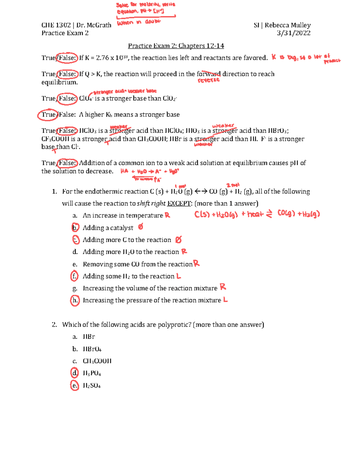 1302 Exam 2 SI - Problems covering material on McGrath exam 2 - Practice Exam 2 3/31/ Practice ...