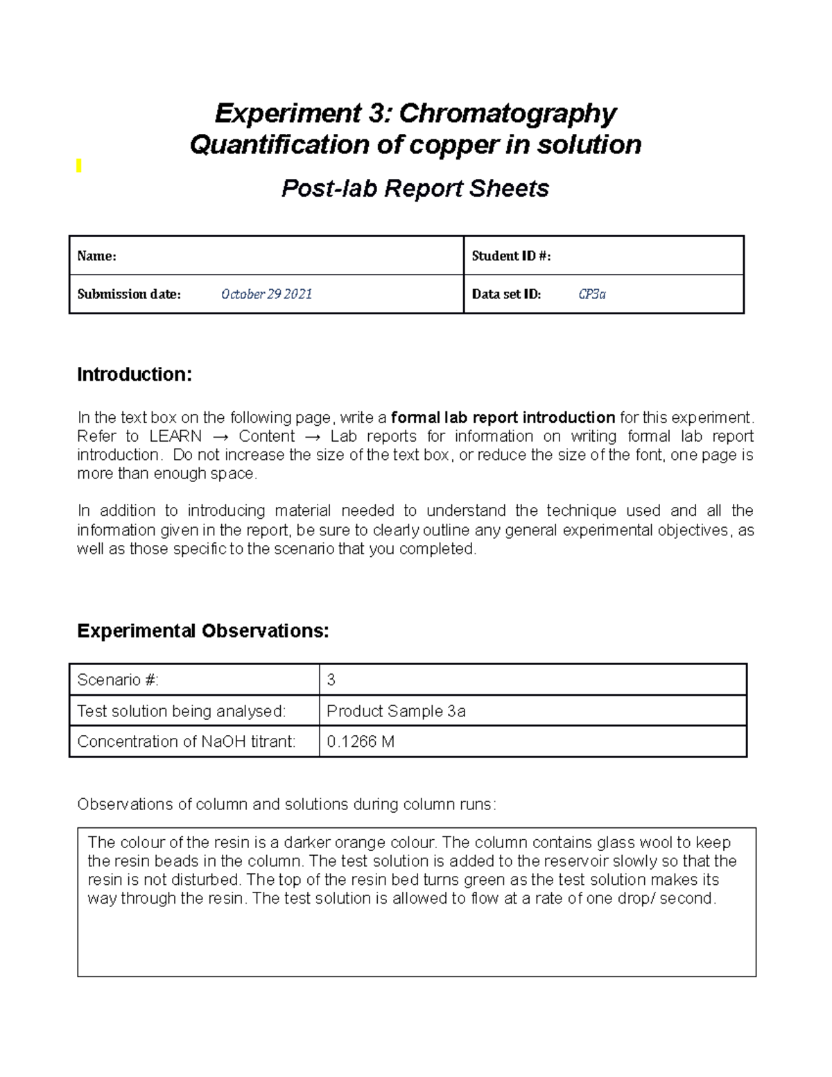 Chromatography report template - Experiment 3: Chromatography ...