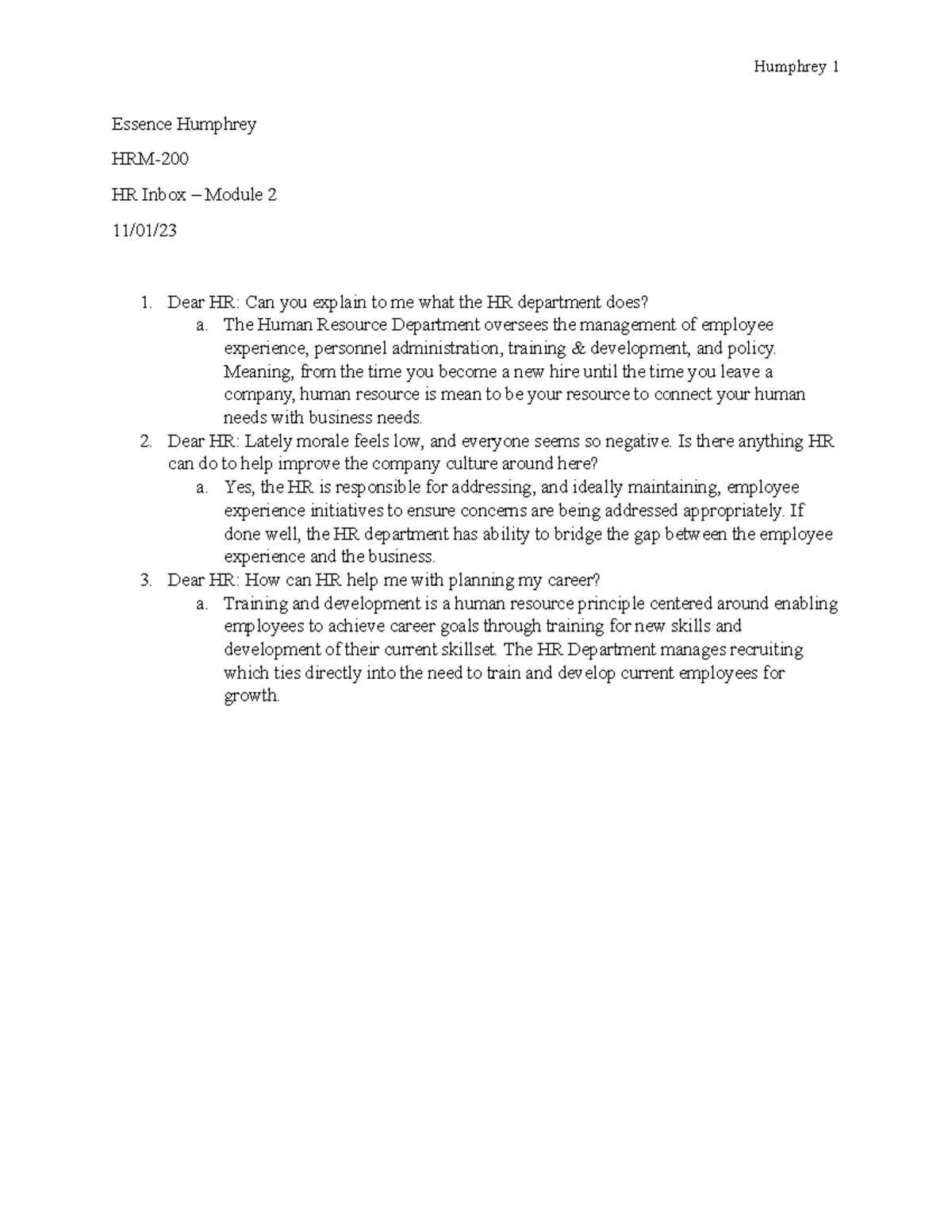 HRM200-Mod 2 Assignment - Humphrey 1 Essence Humphrey HRM- HR Inbox ...