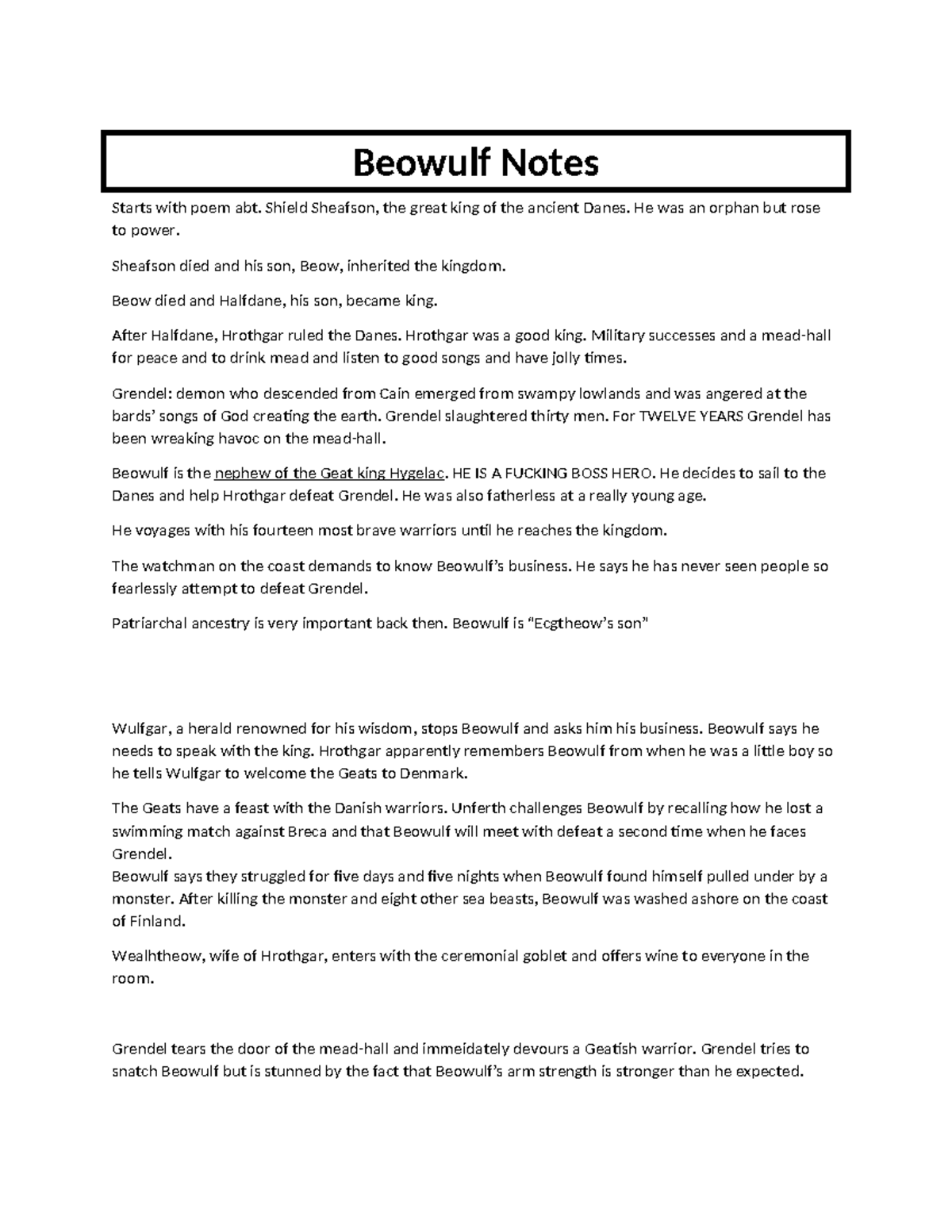Beowulf Notes for Quiz Wed 10-17 - Beowulf Notes Starts with poem abt ...